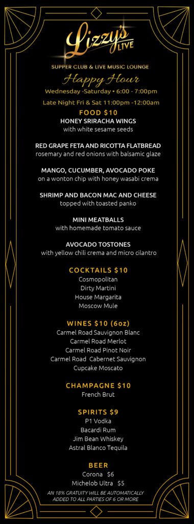 Menu - Lizzy's Live | Orlando's Premier Supper Club & Live Music Lounge